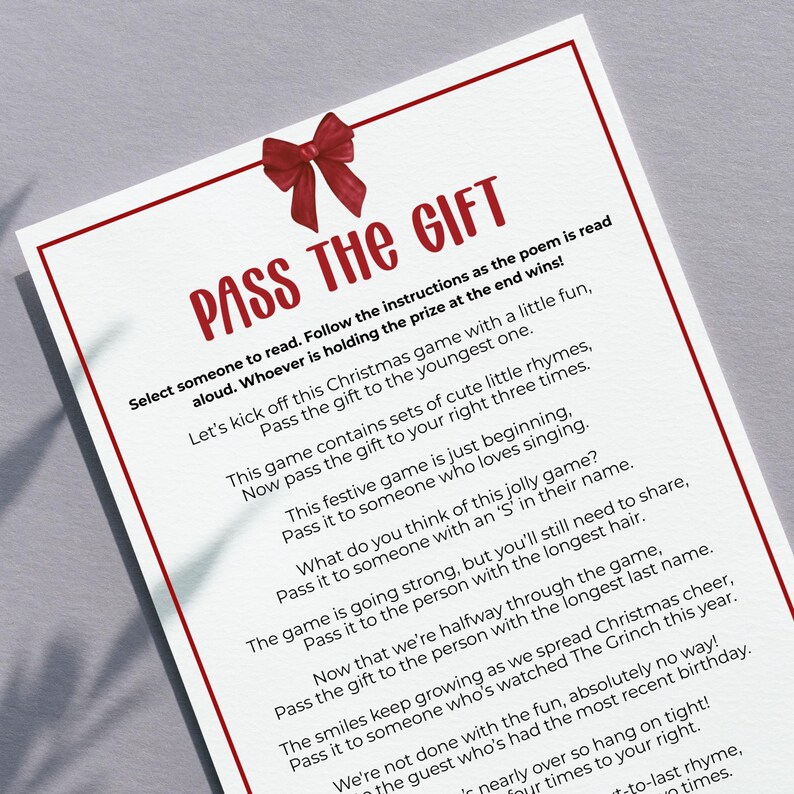 Pass the Gift Game Christmas Printable, Christmas Party Activity for ...