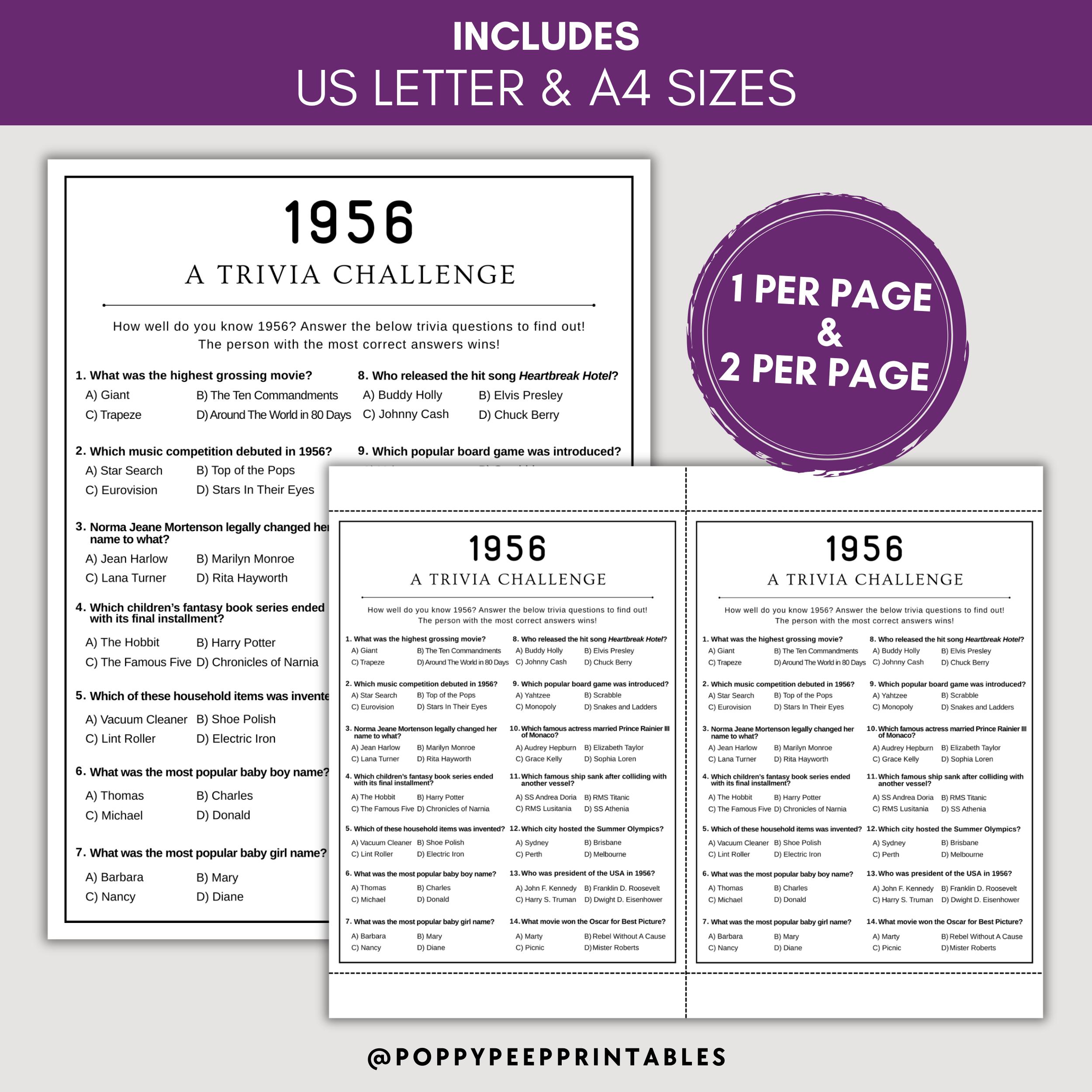 1956 Trivia Game, 70th Birthday Party Game, Born in 1956 Quiz ...