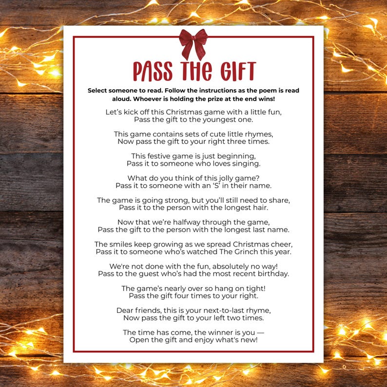 Pass the Gift Game Christmas Printable, Christmas Party Activity for ...