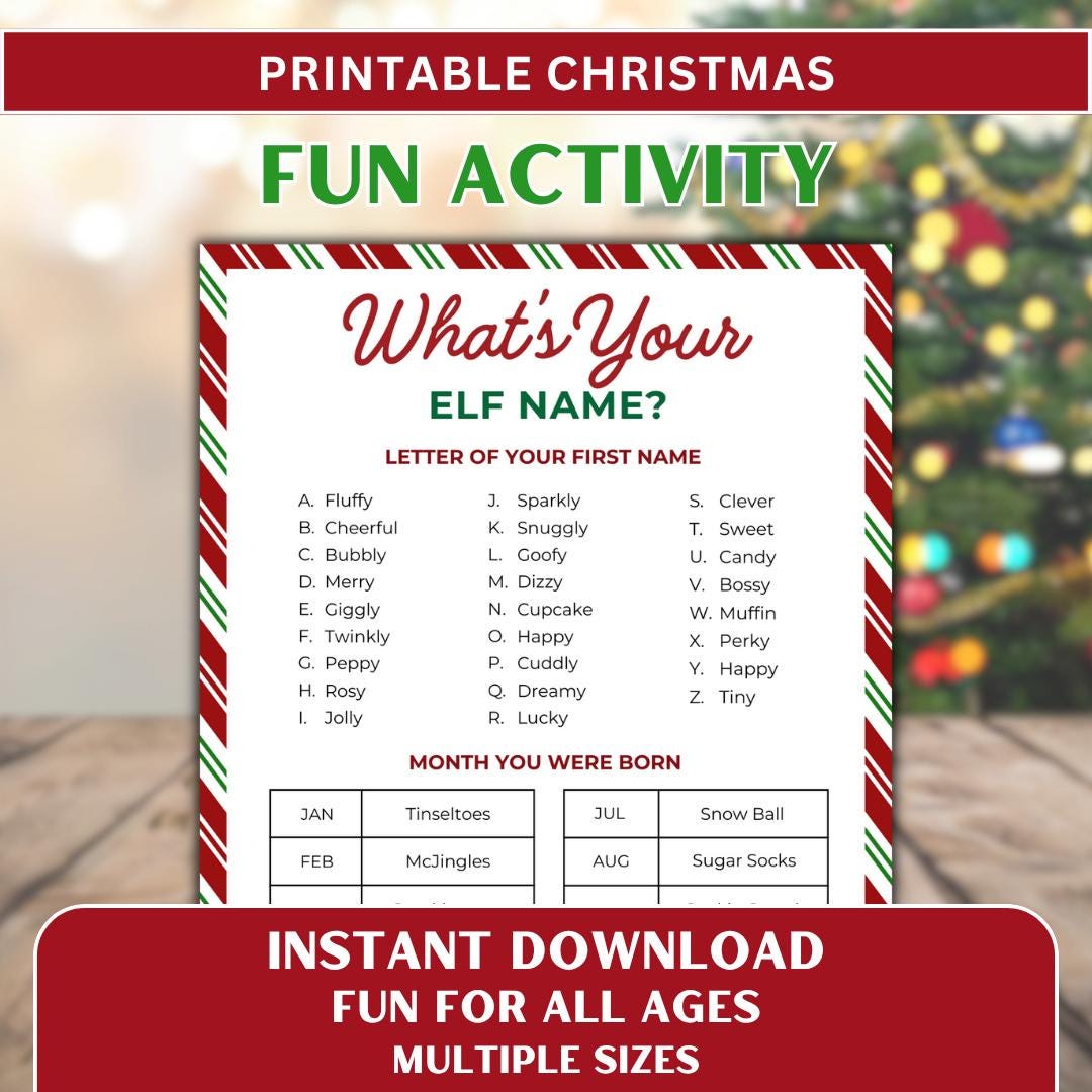 Printable What's Your Elf Name Game, Christmas Family Party Game, Xmas ...