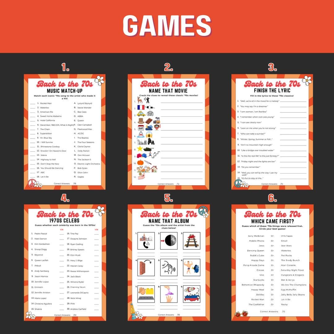 Editable '70s Party Game Bundle, Printable 50th Birthday Party Games ...