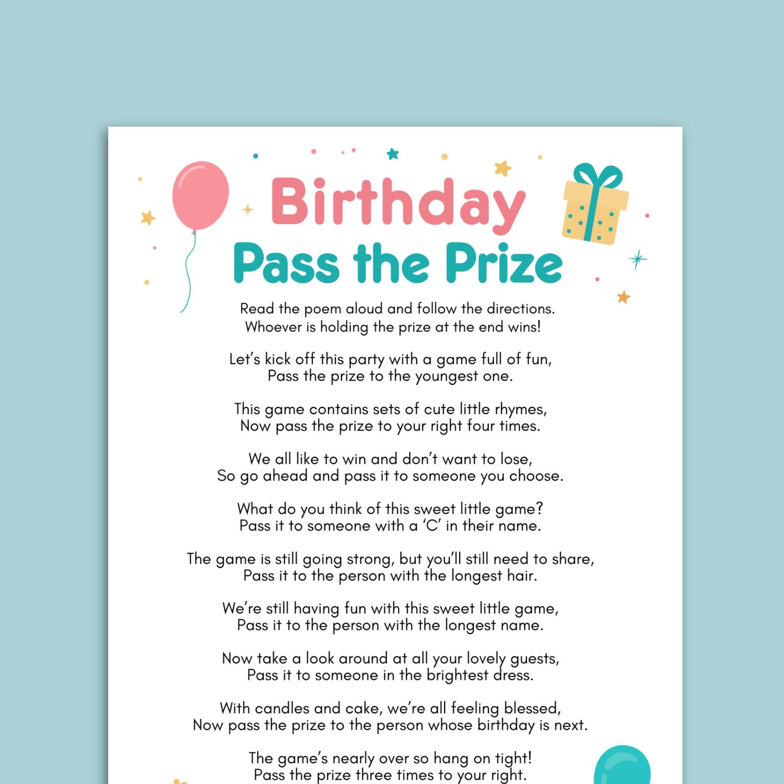 Birthday Pass the Prize Game, Printable Birthday Game, Pass the Prize ...