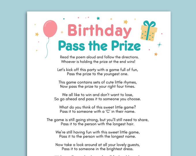 Birthday Pass the Prize Game, Printable Birthday Game, Pass the Prize ...