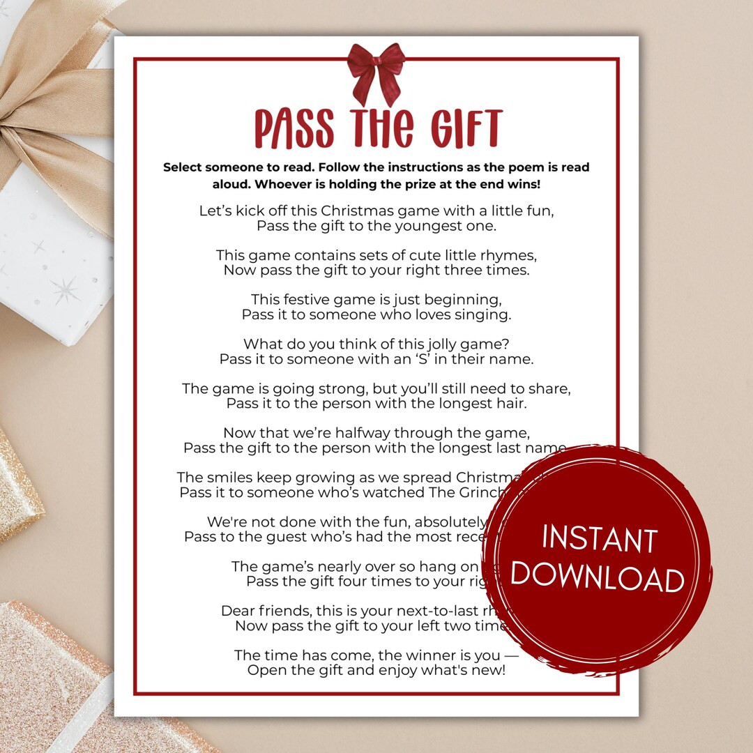 Pass the Gift Game Christmas Printable, Christmas Party Activity for ...