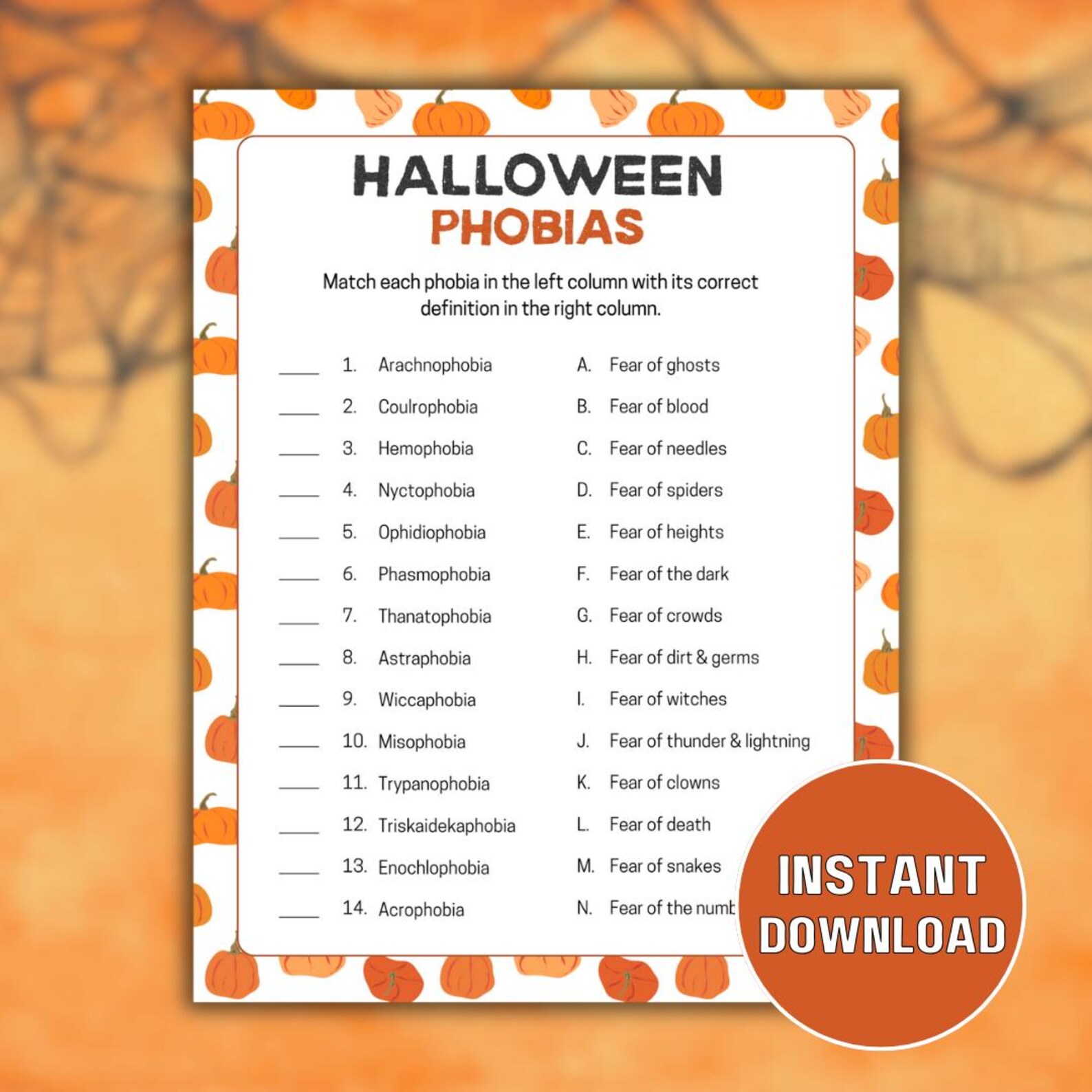 Printable Halloween Phobia Game, Halloween Printable Activity ...