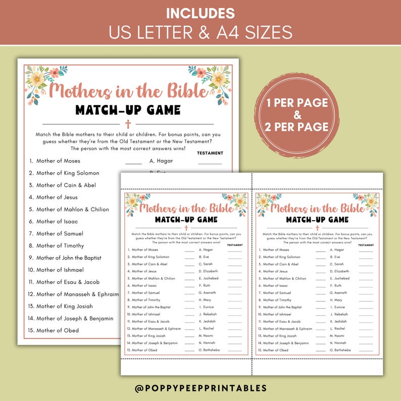 Mothers in the Bible Match-up Game, Printable Christian Mother's Day ...