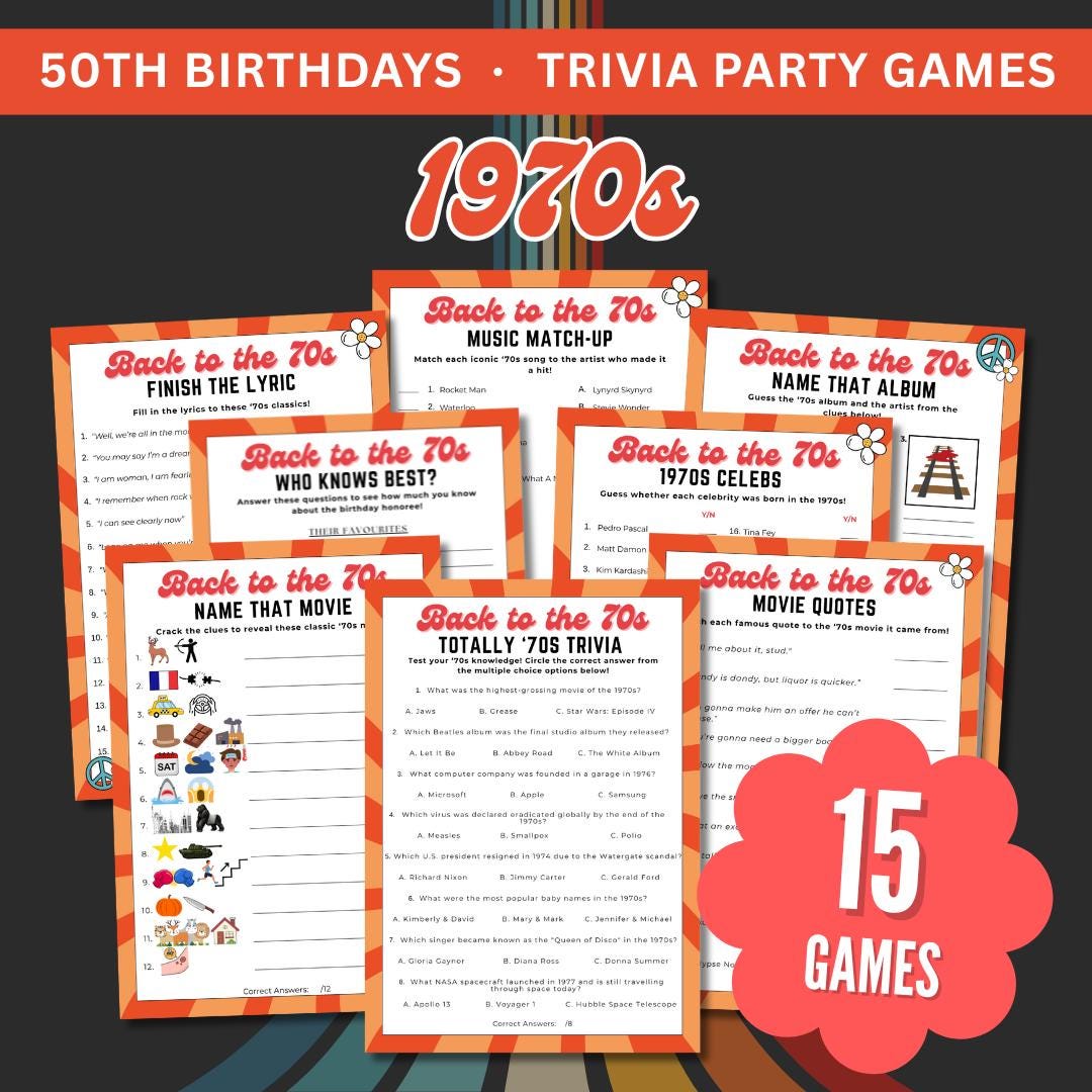 Editable '70s Party Game Bundle, Printable 50th Birthday Party Games ...