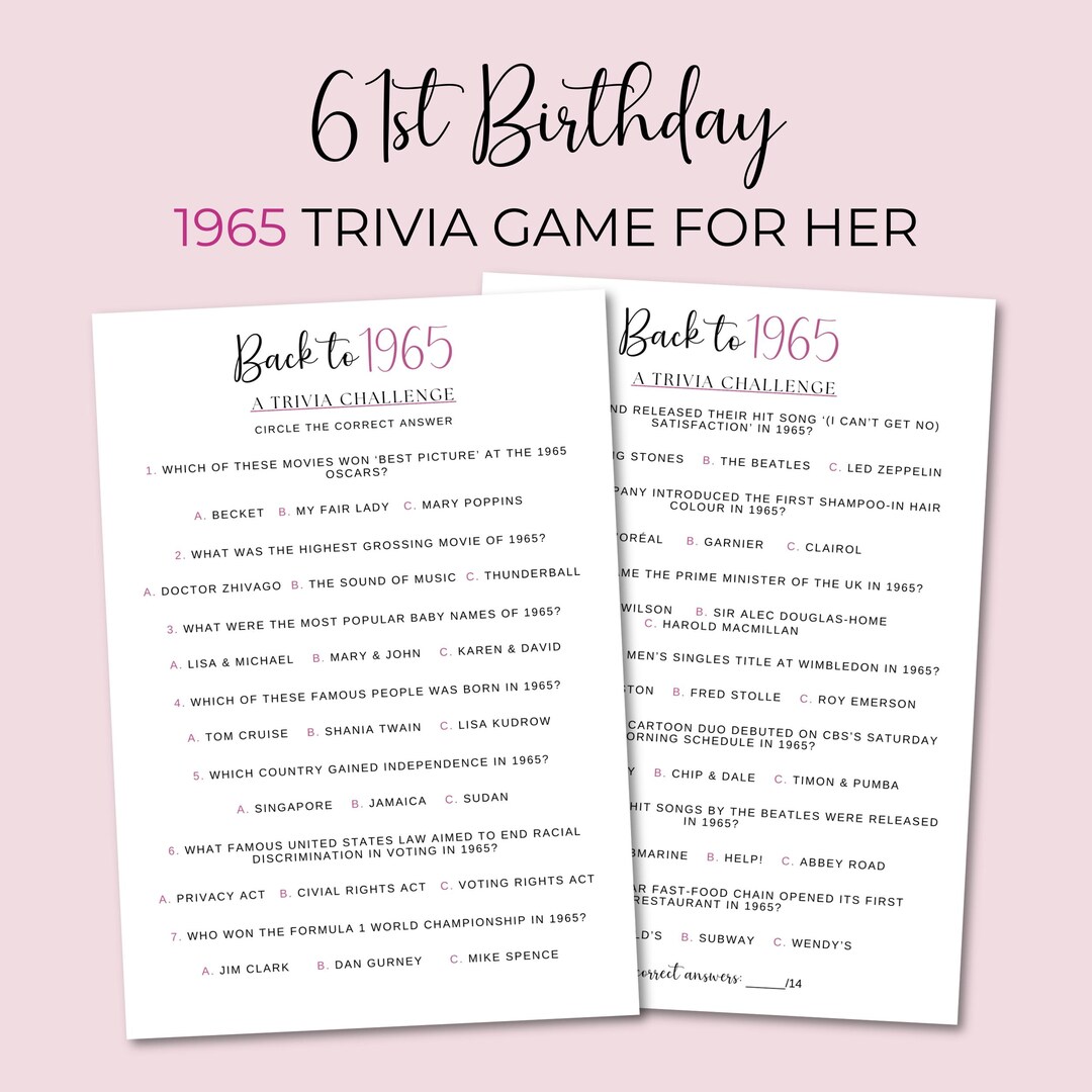 1965 Trivia Game, 61st Birthday Game for Her, Printable 61st Party Game ...