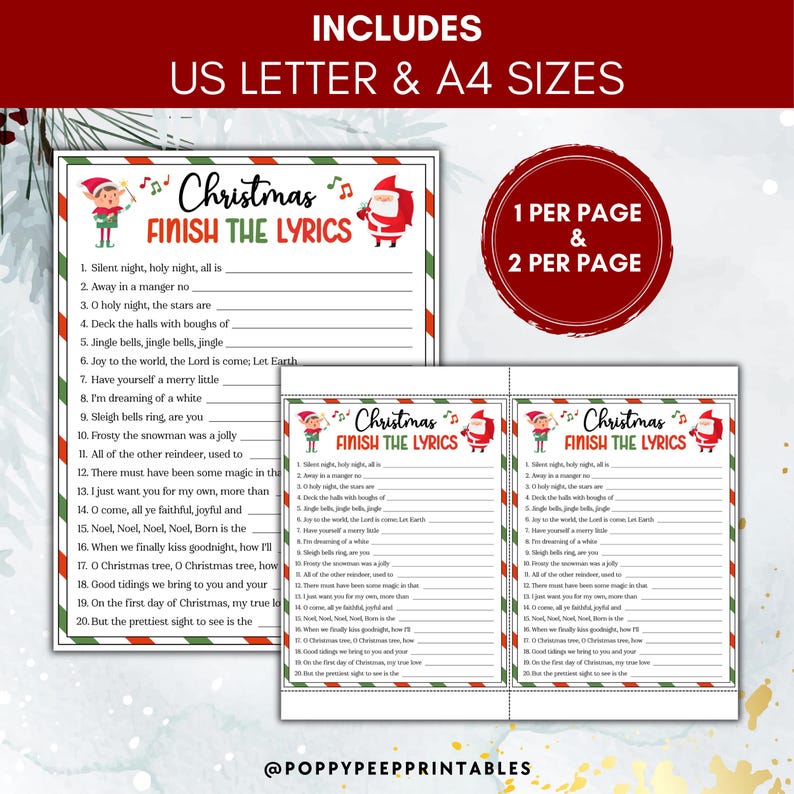 Christmas Finish the Lyrics Game, Printable Christmas Song Game ...