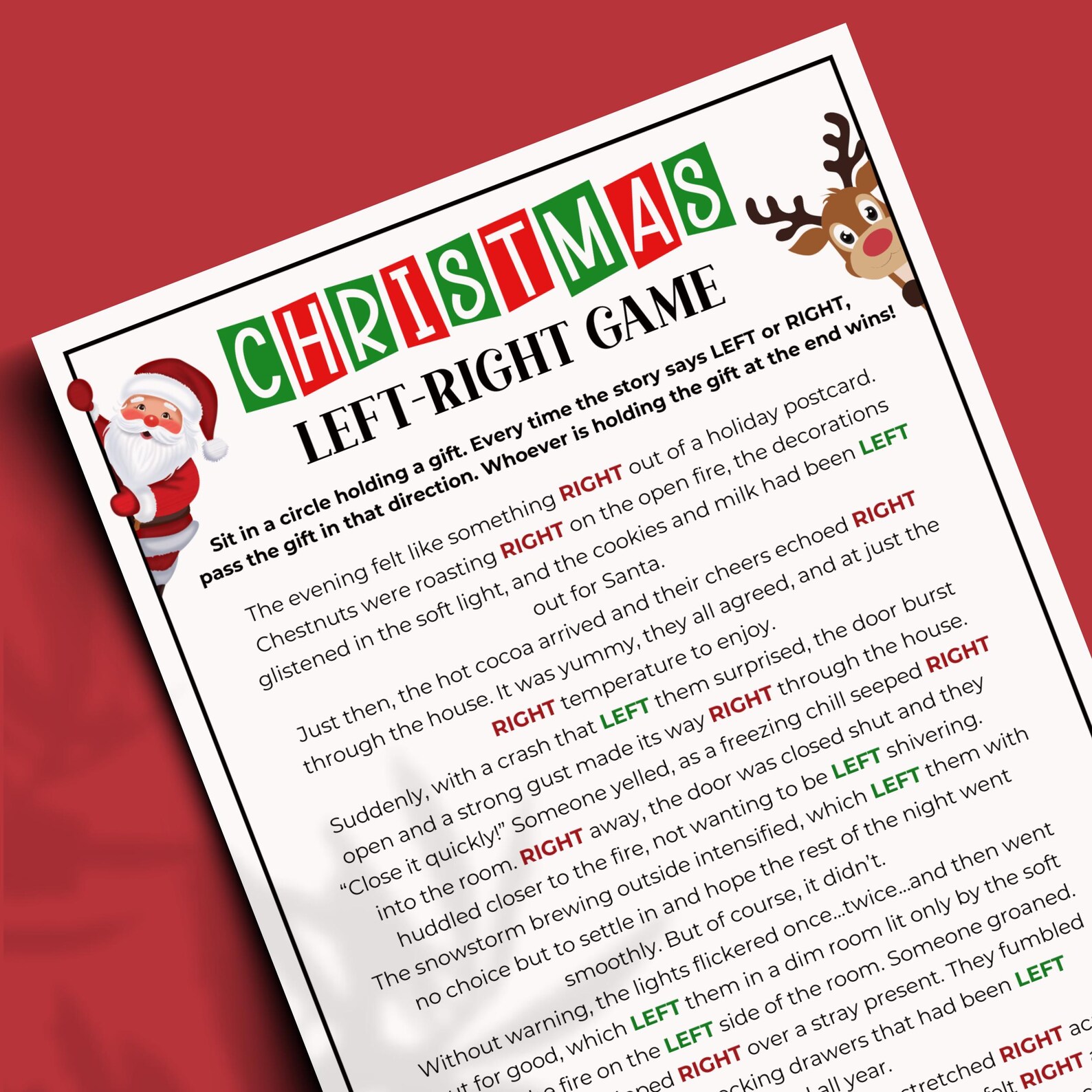Pass the Gift Exchange Game, Left Right Christmas Story Printable ...