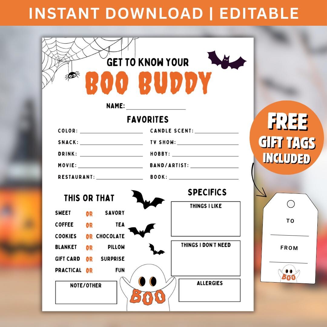 Printable Get to Know Your Boo Buddy Halloween Questionnaire, Editable ...
