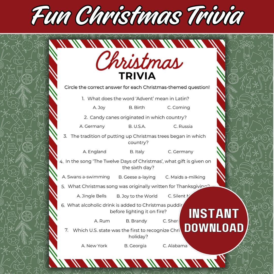 Christmas Trivia Game Printable, Multiple Choice Quiz, Holiday Party ...