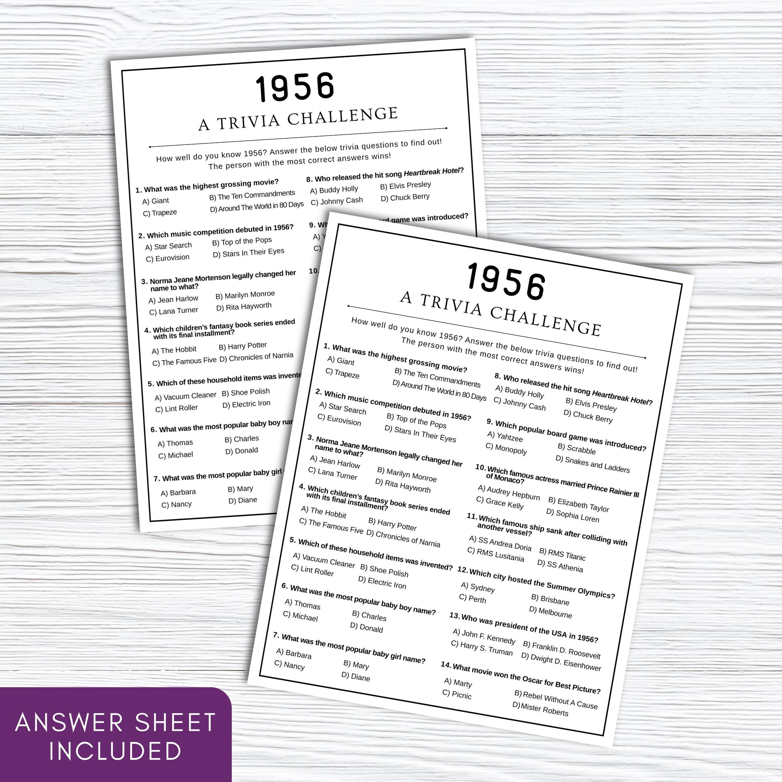 1956 Trivia Game, 70th Birthday Party Game, Born in 1956 Quiz ...