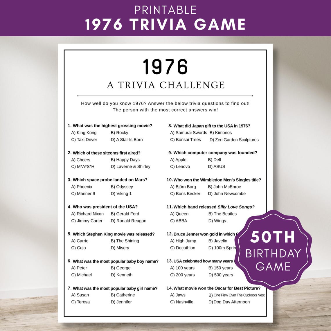 1976 Trivia Game, 50th Birthday Party Game, Born in 1976 Quiz ...