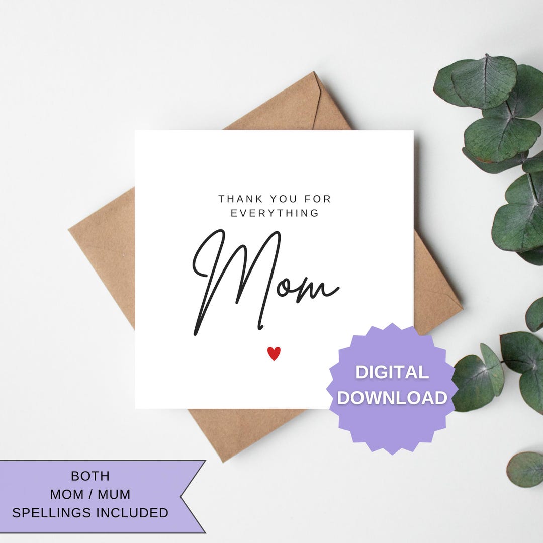 Printable Mother's Day Card, Thank You Mom/mum, Digital Mother's Day ...