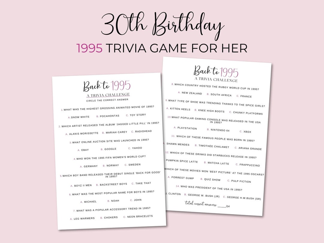 1995 Trivia Game, 30th Birthday Game for Her, Printable 30th Party Game ...