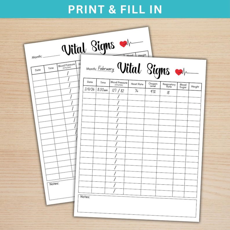 Printable Vital Sign Tracker, Vital Signs Log, Blood Pressure Log ...