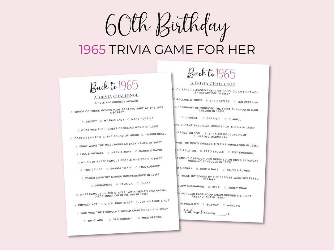 1965 Trivia Game, 60th Birthday Game for Her, Printable 60th Party Game ...