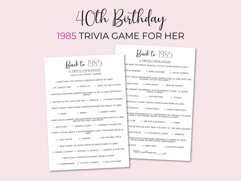 1985 Trivia Game, 40th Birthday Game for Her, Printable 40th Party Game ...