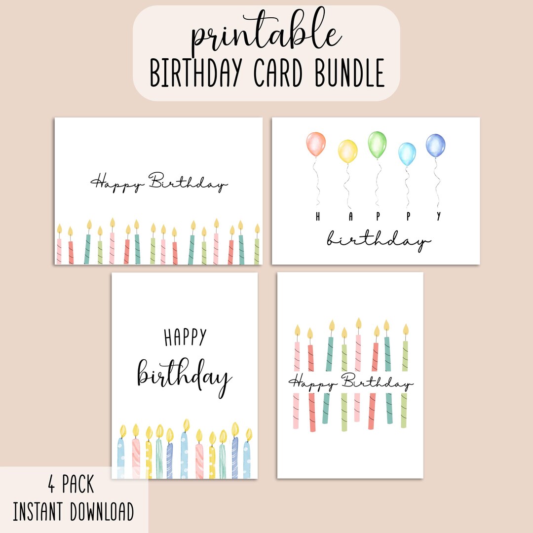 Printable Birthday Card Bundle, Digital Birthday Card Pack, 4 Pack of ...