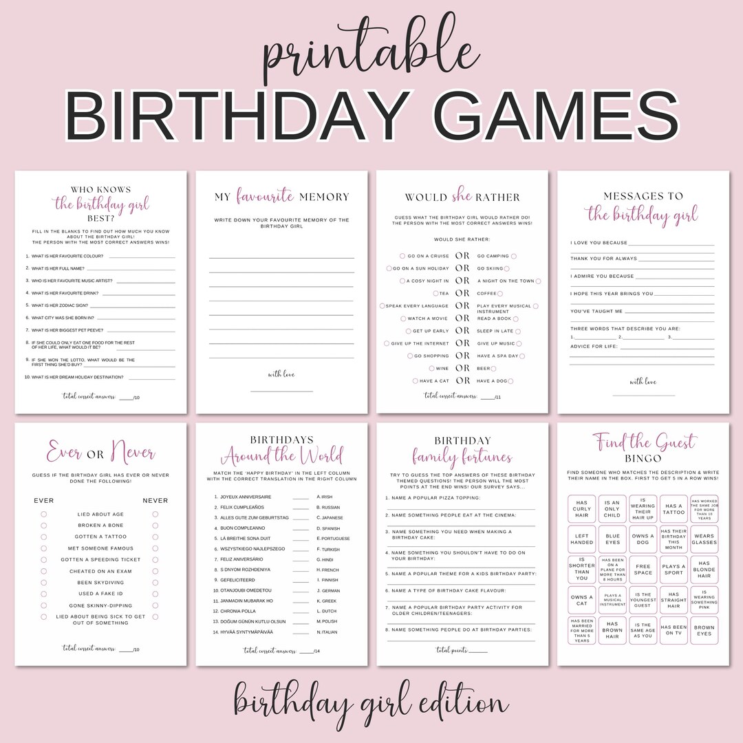 8 Printable Birthday Games for Her, Printable Birthday Games Bundle ...