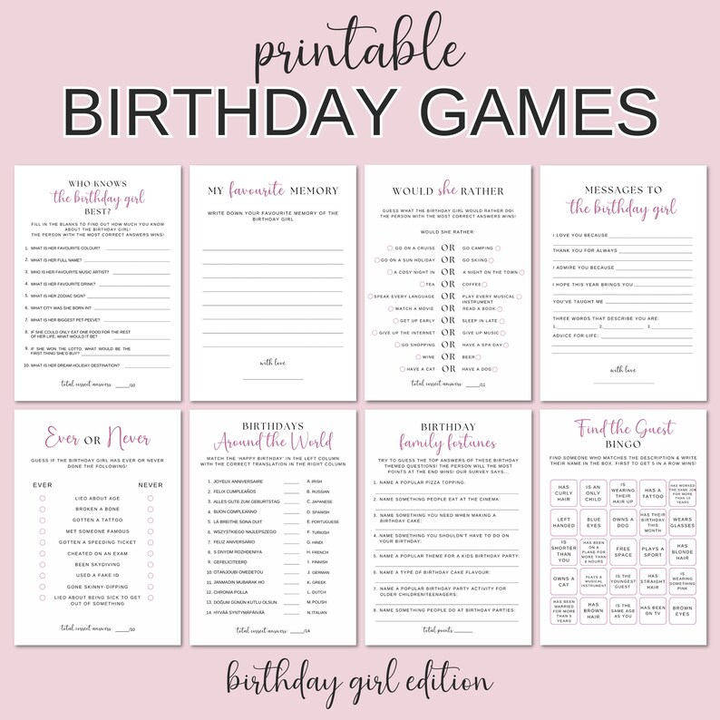 8 Printable Birthday Games for Her, Printable Birthday Games Bundle ...