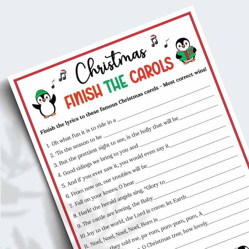 Finish the Christmas Carol Game, Christmas Song Trivia, Family ...