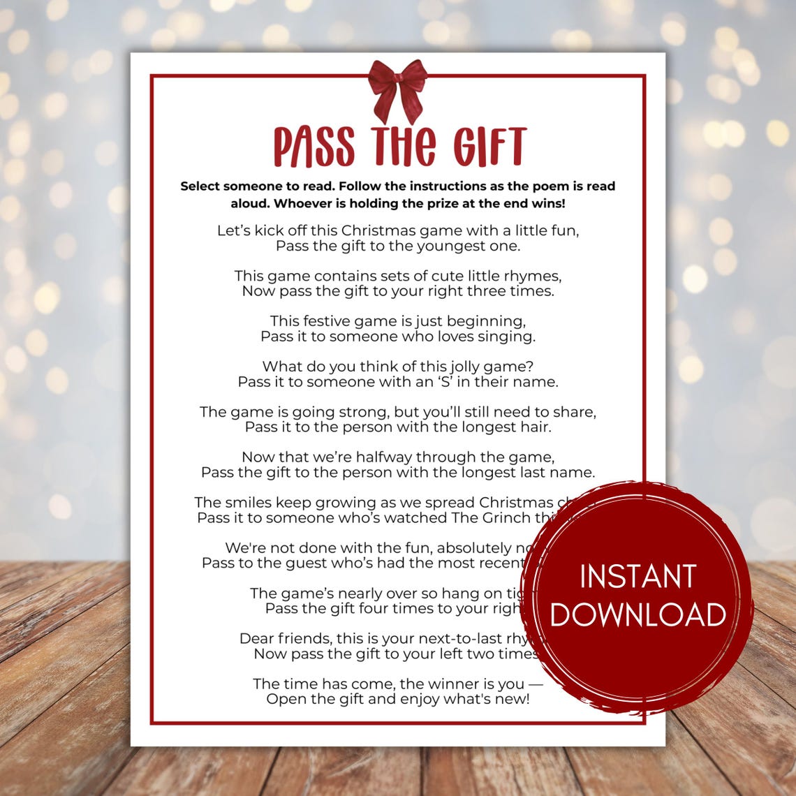 Pass the Gift Game Christmas Printable, Christmas Party Activity for ...