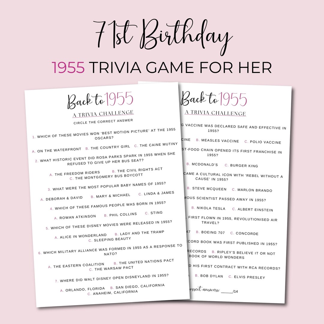 1955 Trivia Game, 71st Birthday Game for Her, Printable 71st Party Game ...