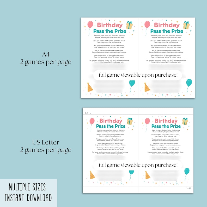Birthday Pass the Prize Game, Printable Birthday Game, Pass the Prize ...