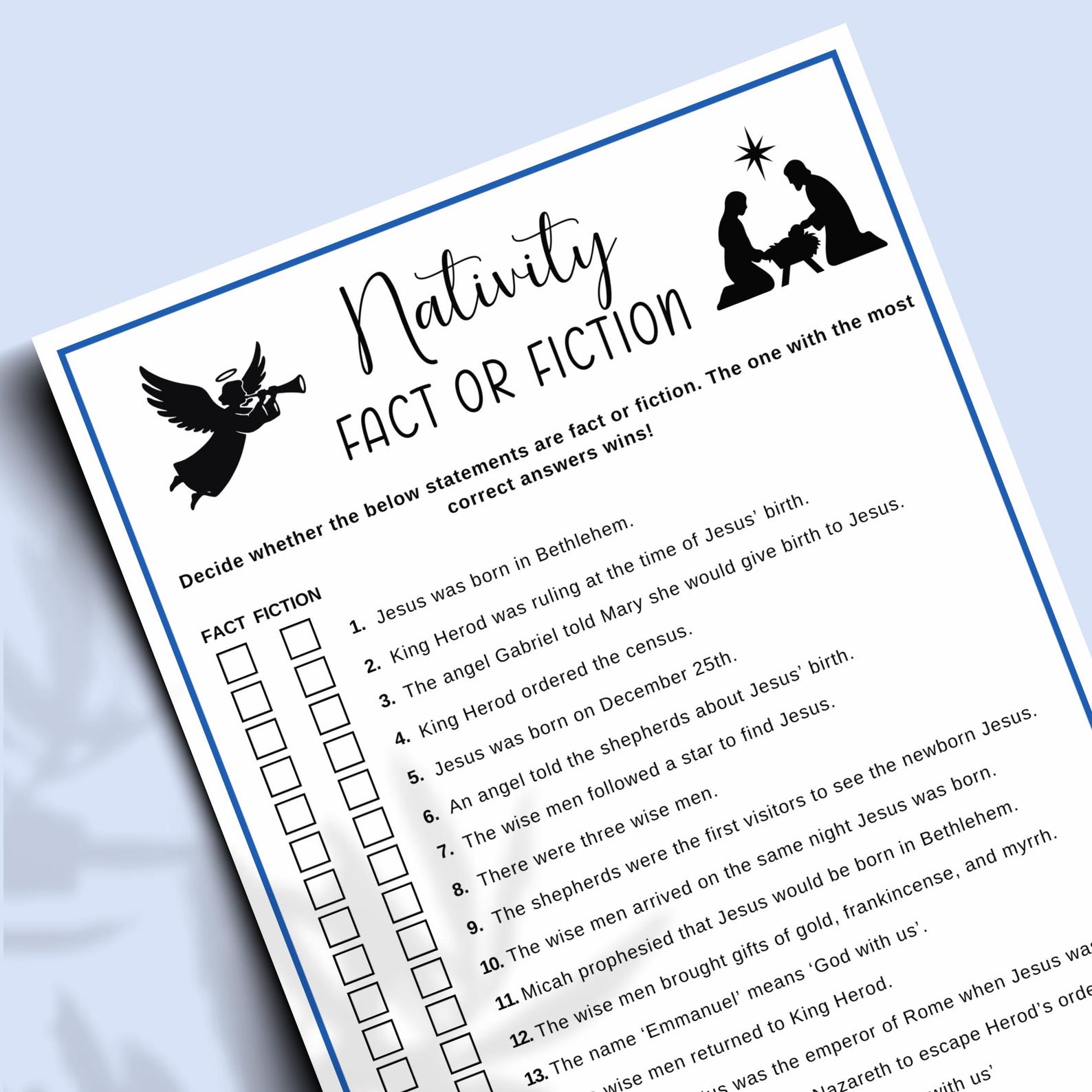 Christmas Bible Trivia Game, Nativity Fact or Fiction Printable ...