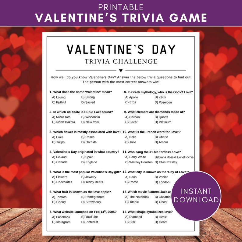 Valentine’s Day Trivia Quiz for Adults, Valentine Party Game Printable ...