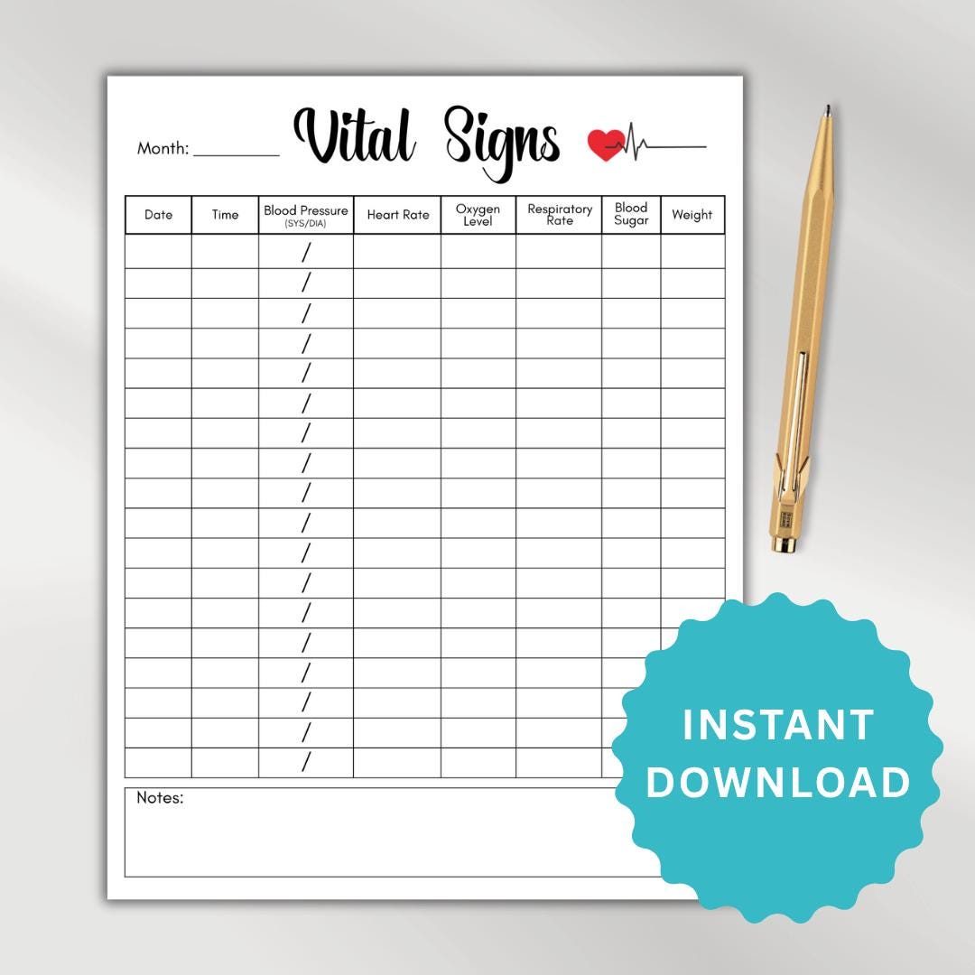 Printable Vital Sign Tracker, Vital Signs Log, Blood Pressure Log ...