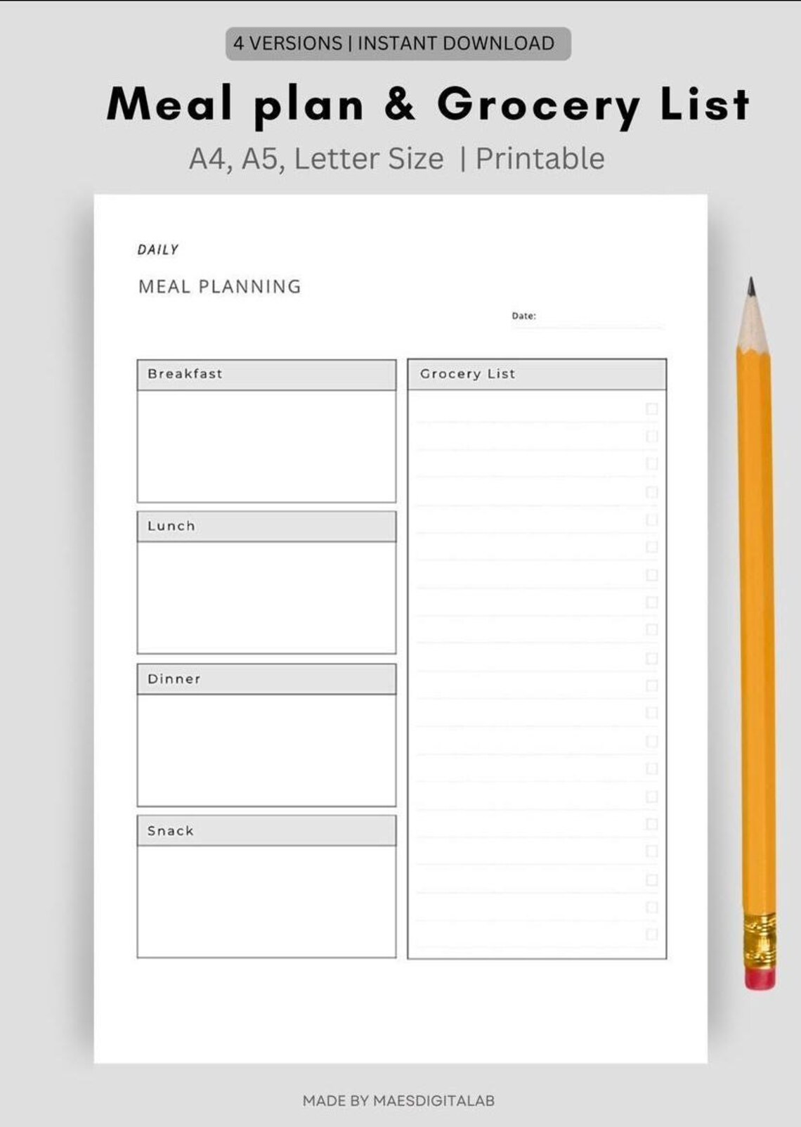 Meal & Grocery List Planner Printable Template, Weekly and Monthly Plan ...