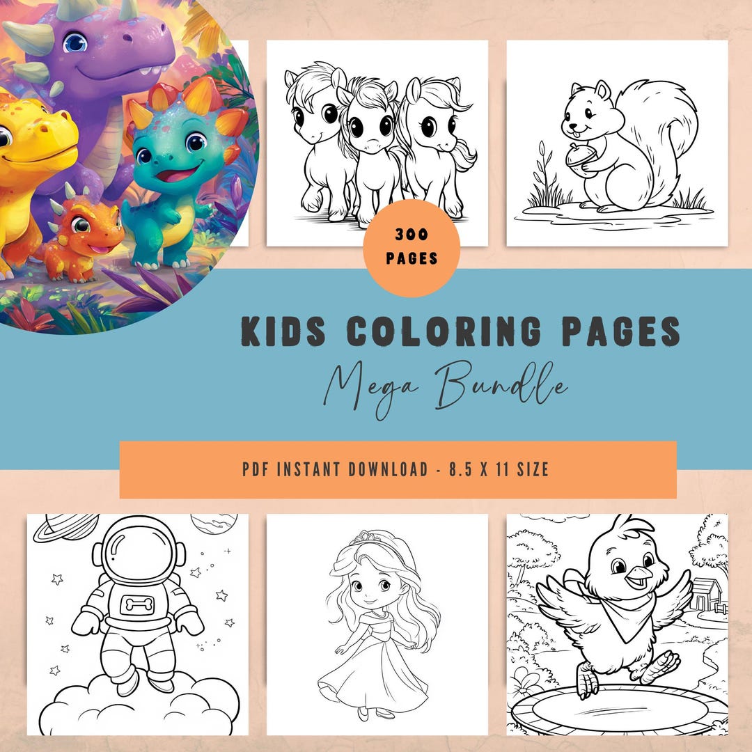 Kids Coloring Book: 300 Printable Pages, Animals, Dinosaurs (PDF ...