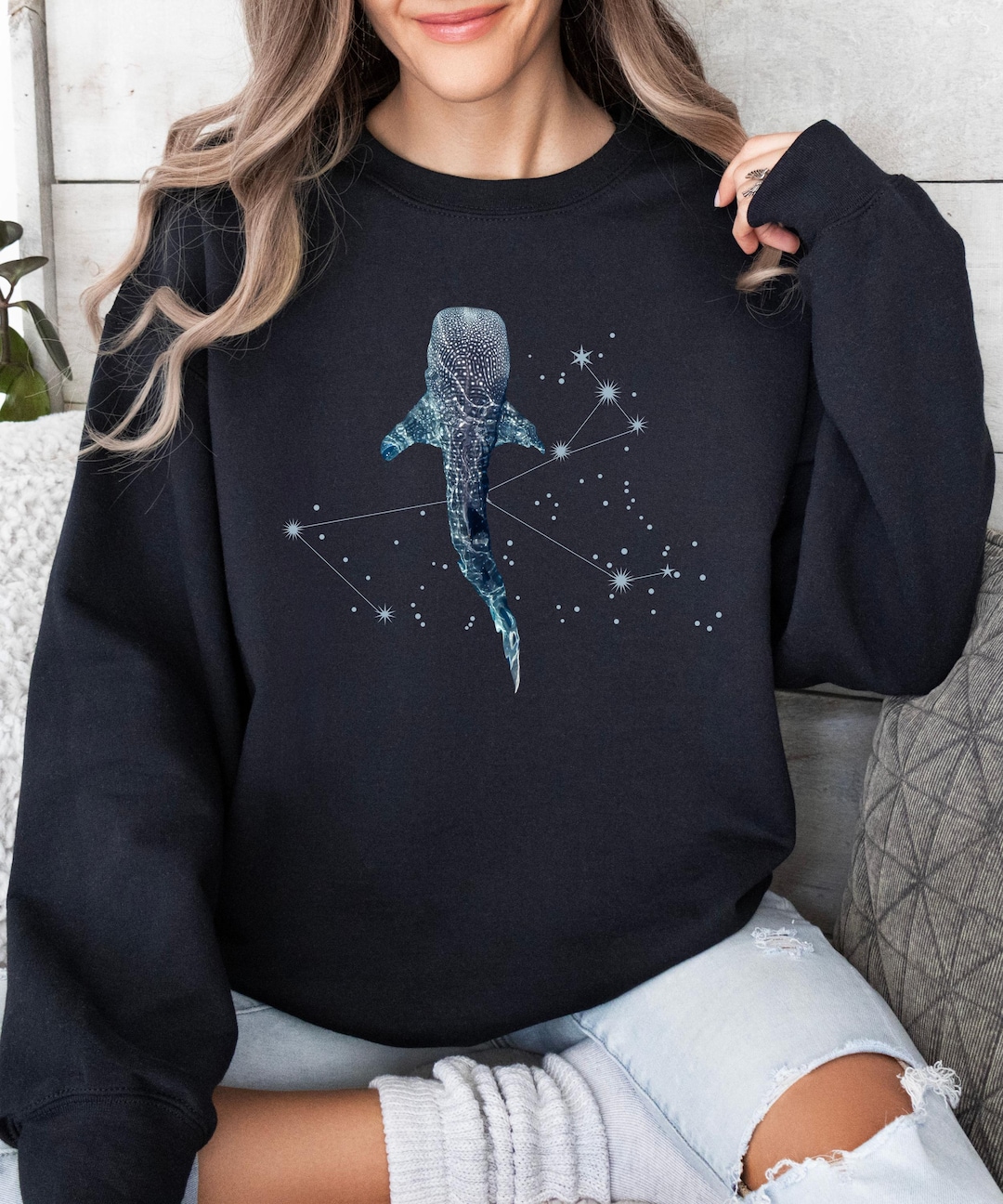 Celestial Whale Shark Sweatshirt, Starry Constellation Ocean Crewneck ...