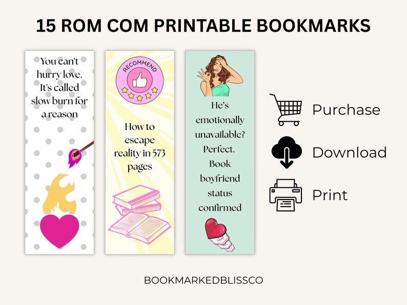 Printable Romcom Bookmarks Bundle for Book Lovers Gift Cute Rom Com ...