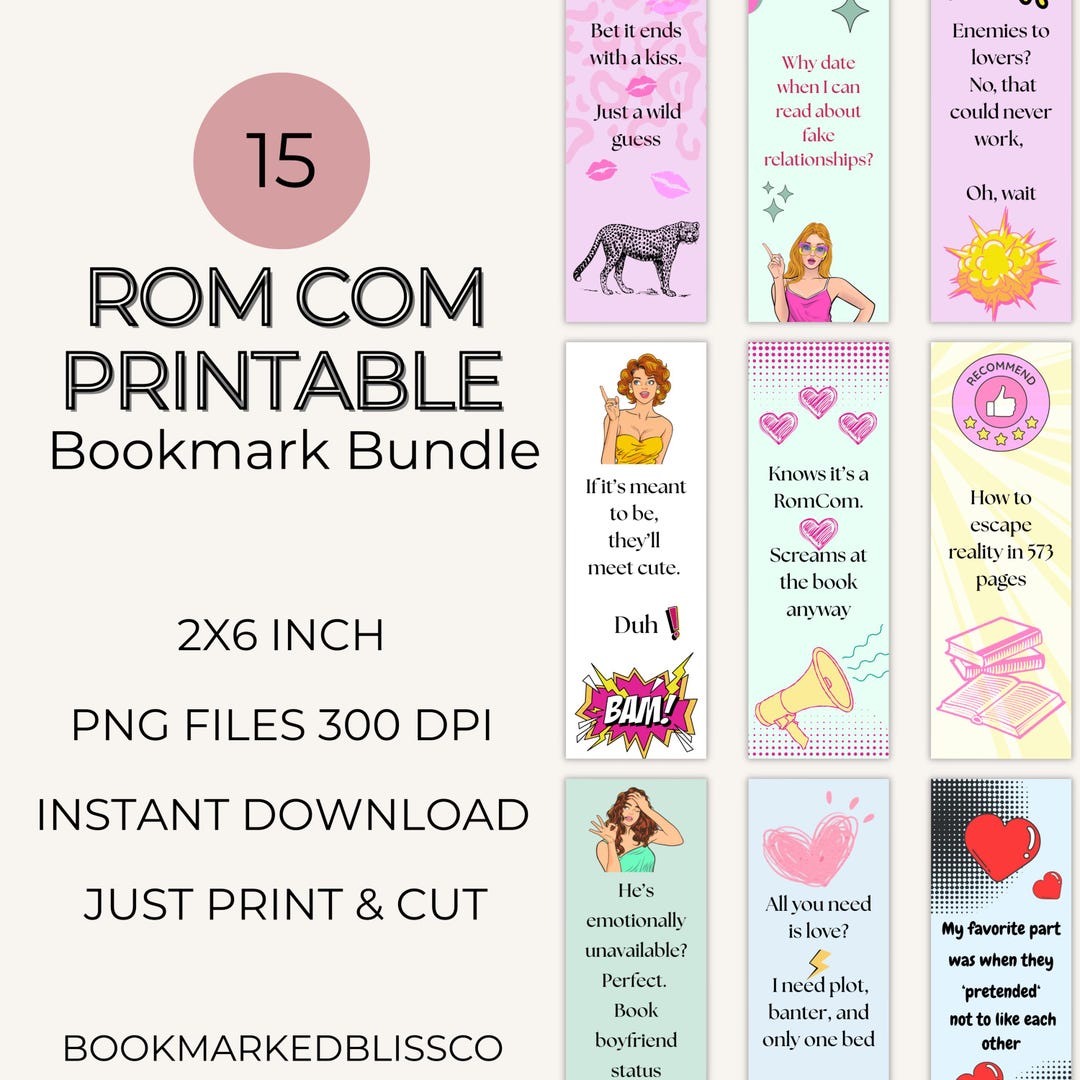 Printable Romcom Bookmarks Bundle for Book Lovers Gift Cute Rom Com ...