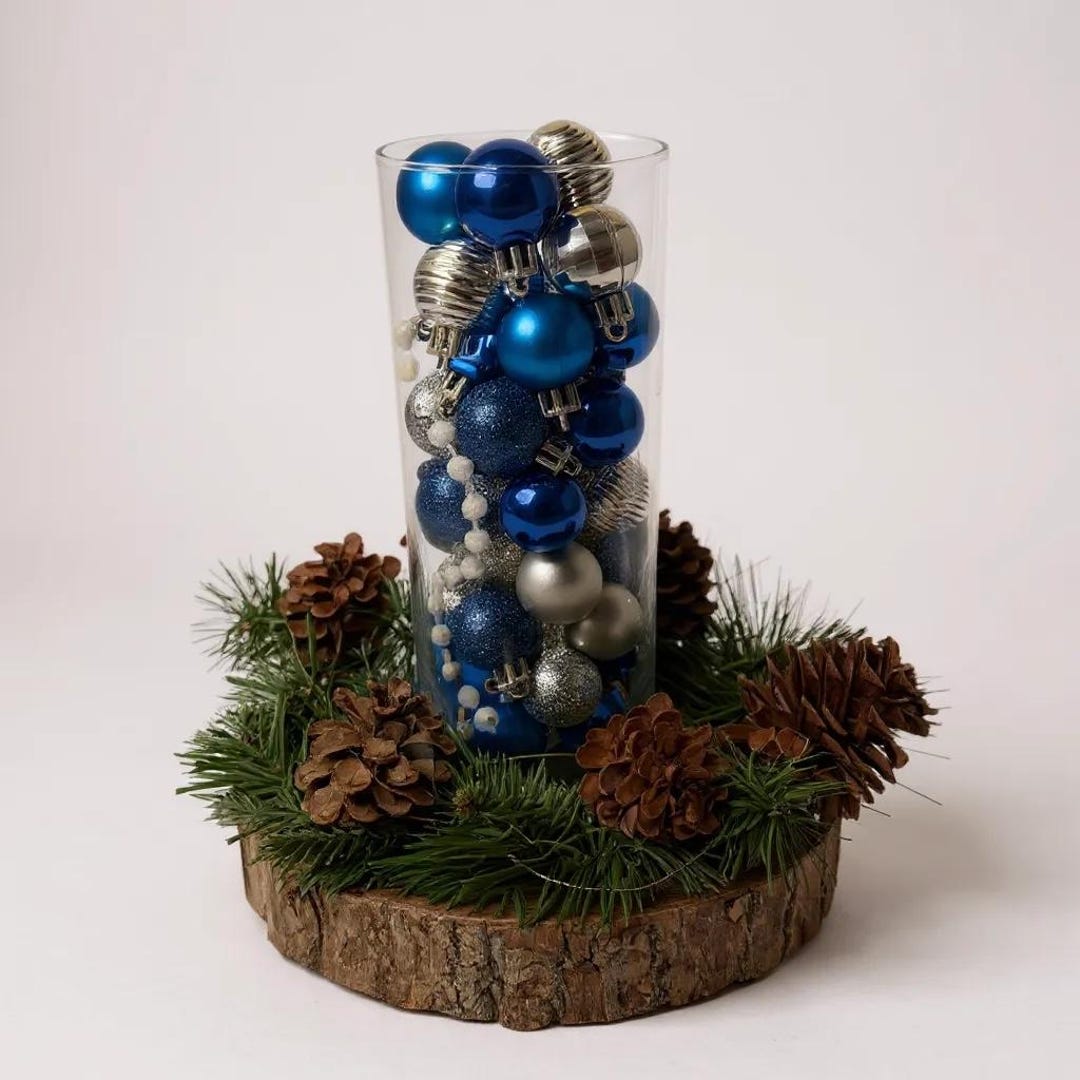 Blue Silver Metallic Centerpiece | Modern Rustic Table Decor | Handmade ...