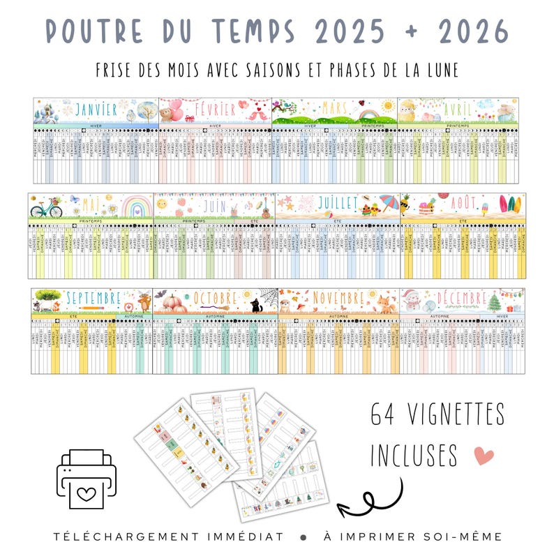 Poutre du temps 2025-2026 pour enfant, Calendrier enfant 2025-2026 avec lunes et saisons ...