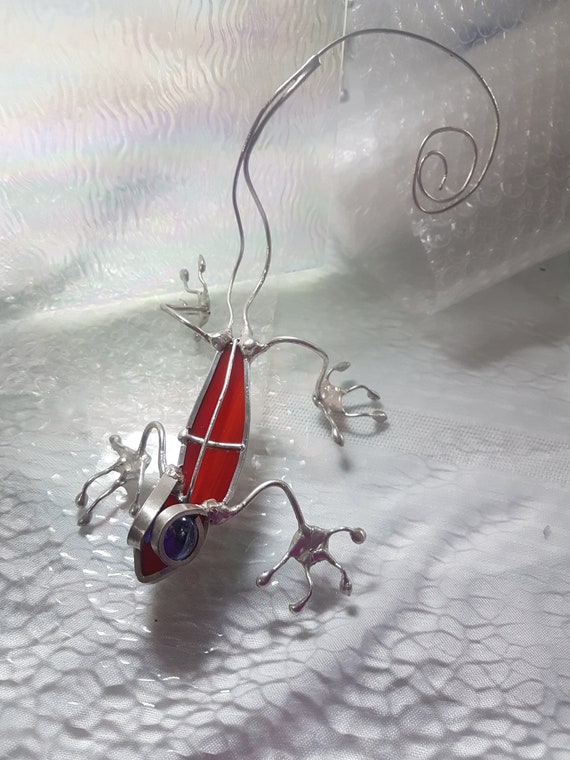 Stained Glass and Wire Red Gecko Garden Art Sculpture | Etsy