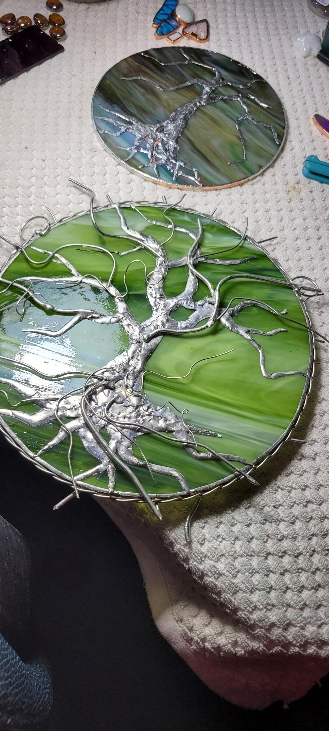 Tree of Life Forest Green Stained Glass Silver and Copper Overlay ...