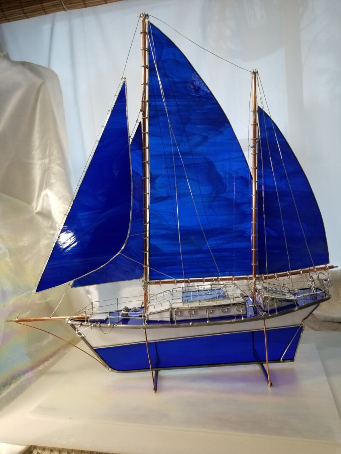 Dark Blue Stained Glass Model Sailboat Large OOAK - Etsy