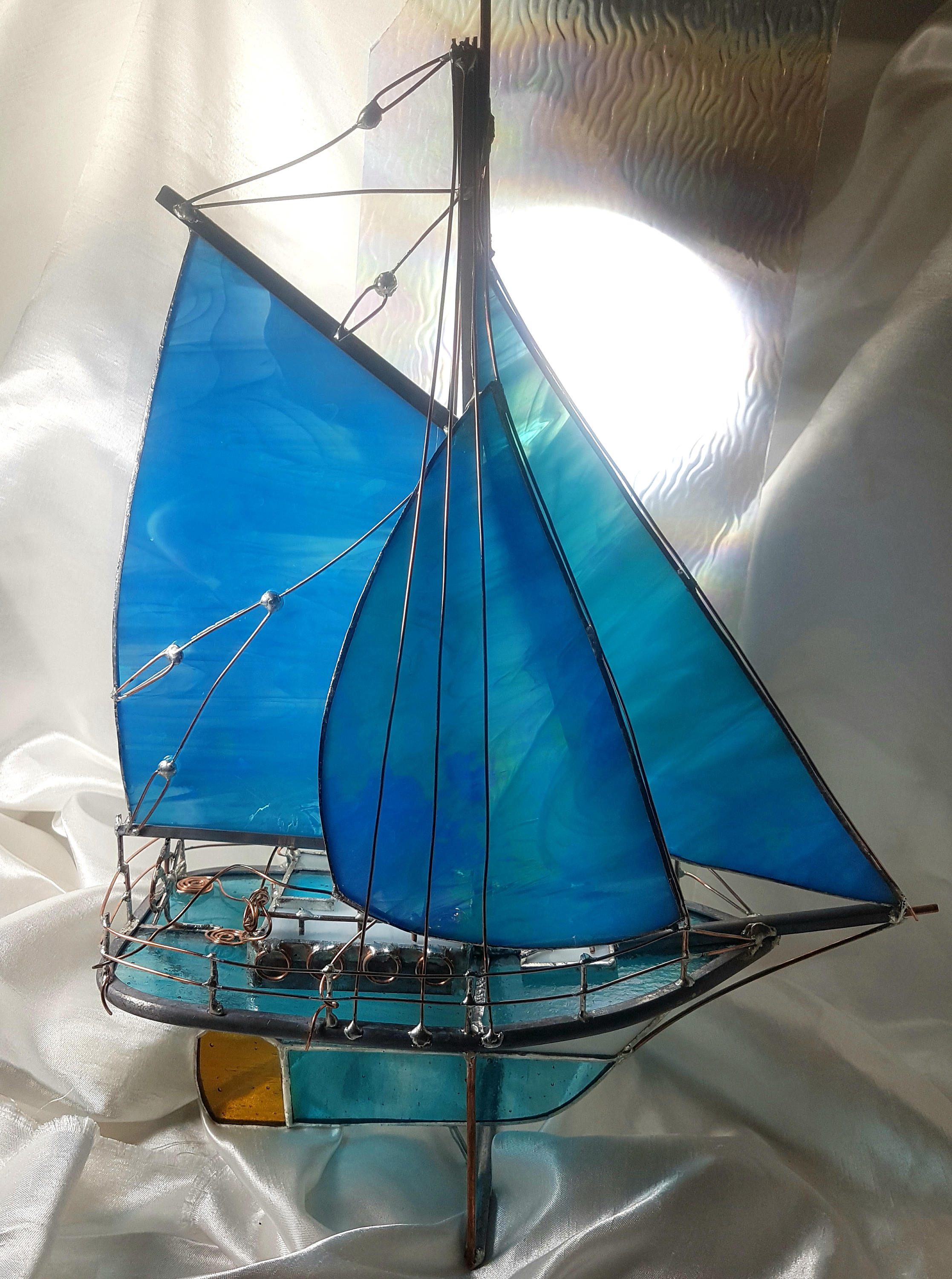 Sailboat Rare Aqua stained glass and wire gaff rigged Model | Etsy