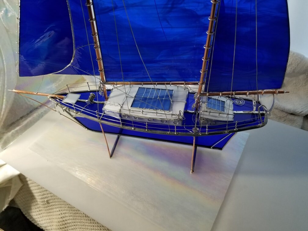 Dark Blue Stained Glass Model Sailboat Large OOAK - Etsy