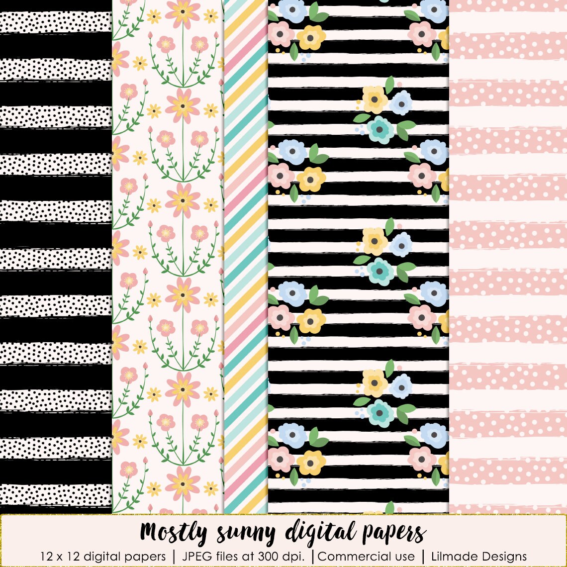 Modern Floral Digital Paper Black and White Stripe Rainbow - Etsy