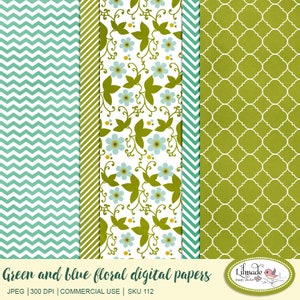 Green and Blue Floral Digital Paper, Quatrefoil, Large Polka Dot, Retro ...