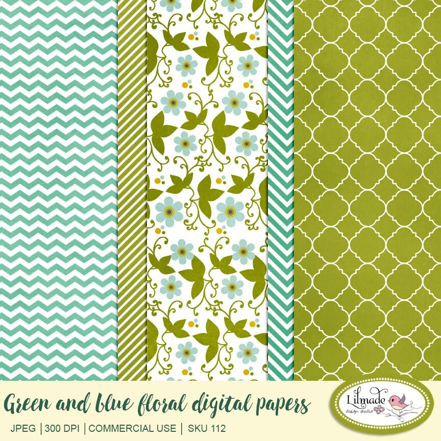 Green and Blue Floral Digital Paper, Quatrefoil, Large Polka Dot, Retro ...