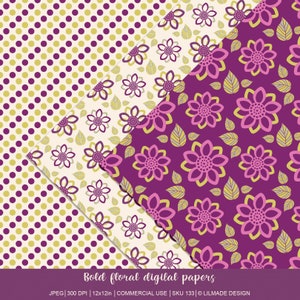 Foral Digital Paper in Purple, Ivory and Green Featuring Floral and ...