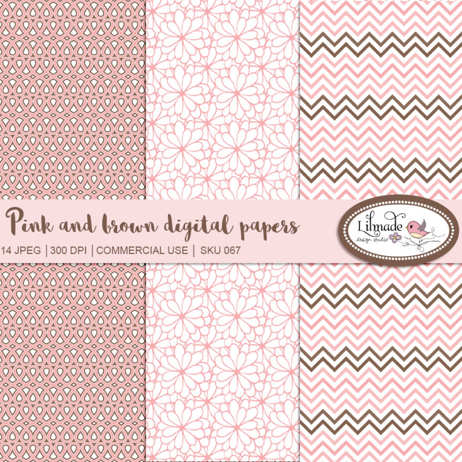 Pink and Brown Digital Paper Featuring Floral and Geometric Patterns ...